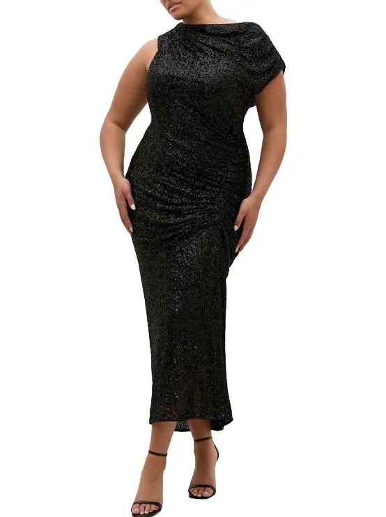 City Chic Sequin One-shoulder Maxi Gown - Black