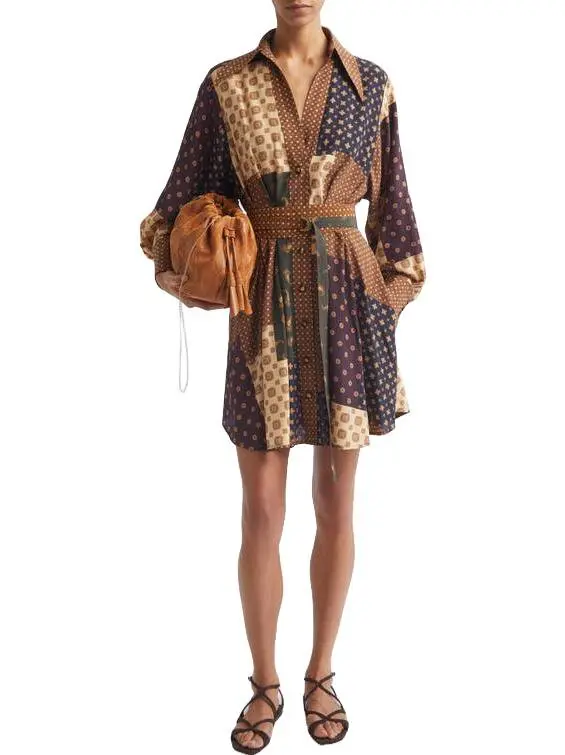 Zimmermann Patchwork Print Belted Long Sleeve Shirtdress - Geo Patch Print