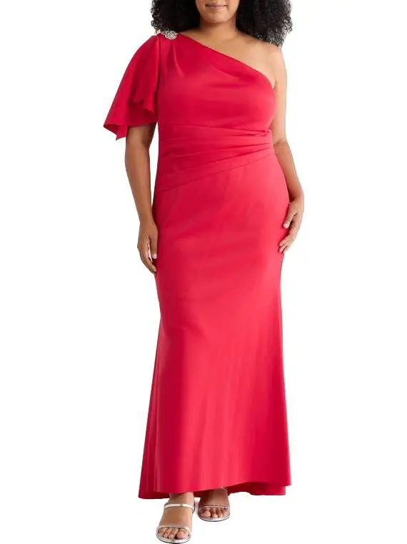 JESSICA HOWARD Cape Sleeve One Shoulder Gown - Ruby Red