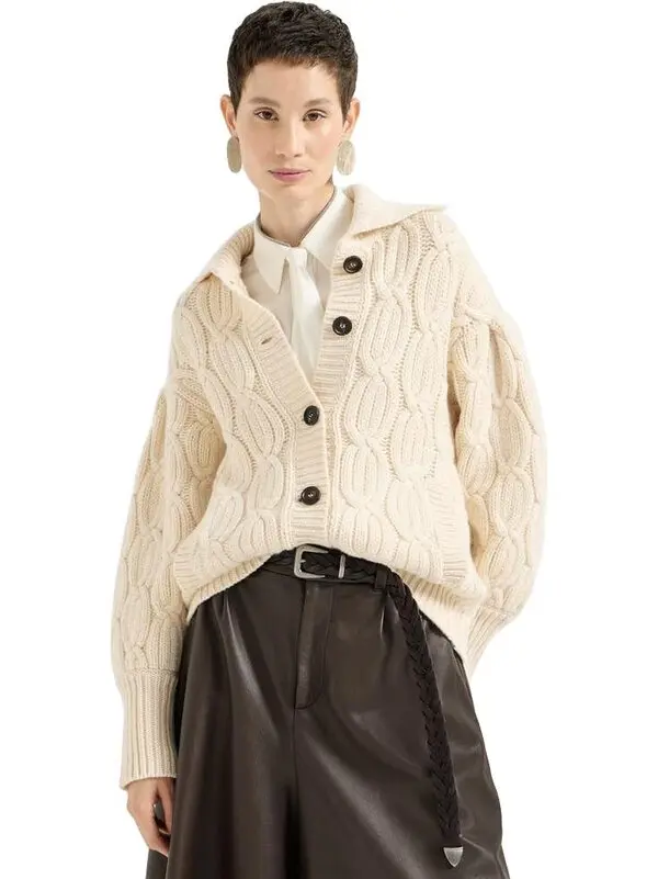 Brunello Cucinelli Cashmere Feather Yarn Heritage Cable Cardigan - Butter