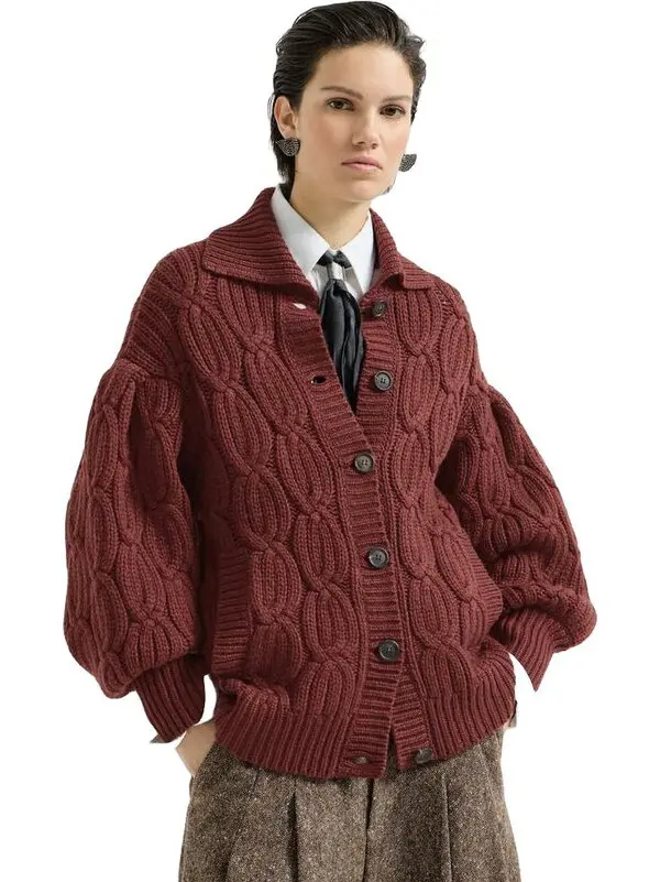 Brunello Cucinelli Cashmere Feather Yarn Heritage Cable Cardigan - Ruby
