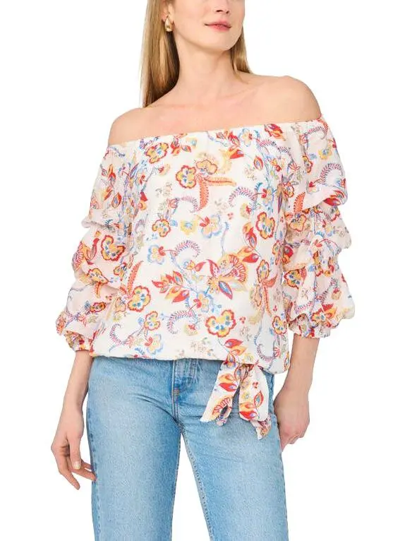 Vince Camuto Off-the-shoulder Top With Bubble Sleeves And Tie Hem - Fiery Red