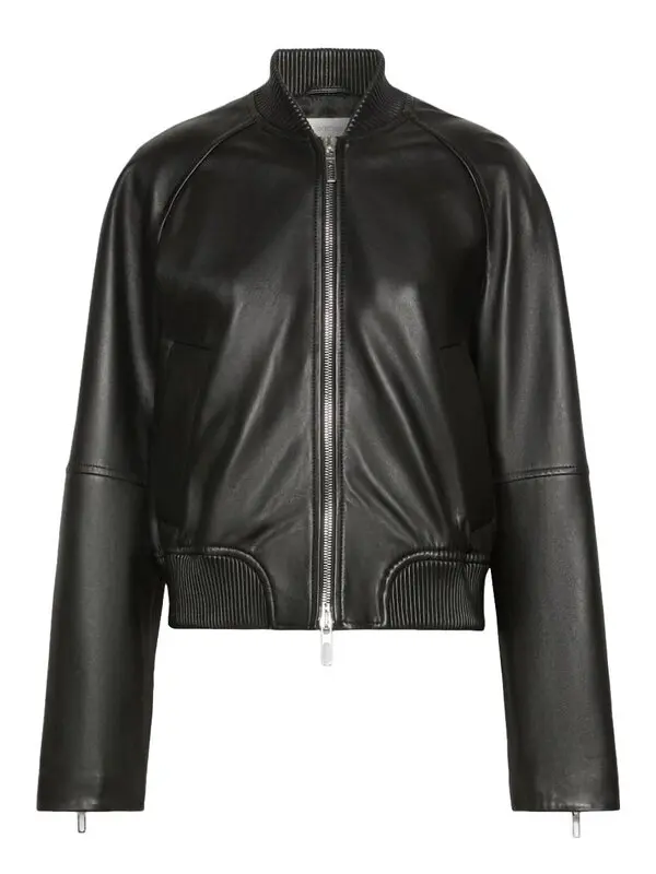 Max Mara Nappa Leather Bomber Jacket With Elasticated Stitching - Black