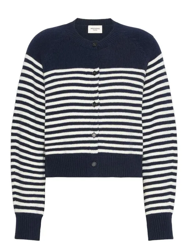 Max Mara Wool Yarn Striped Cardigan - Navy