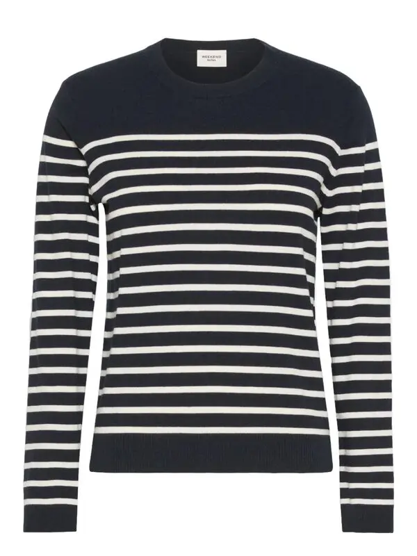 Max Mara Striped Silk And Wool Crew Neck Sweater - Navy