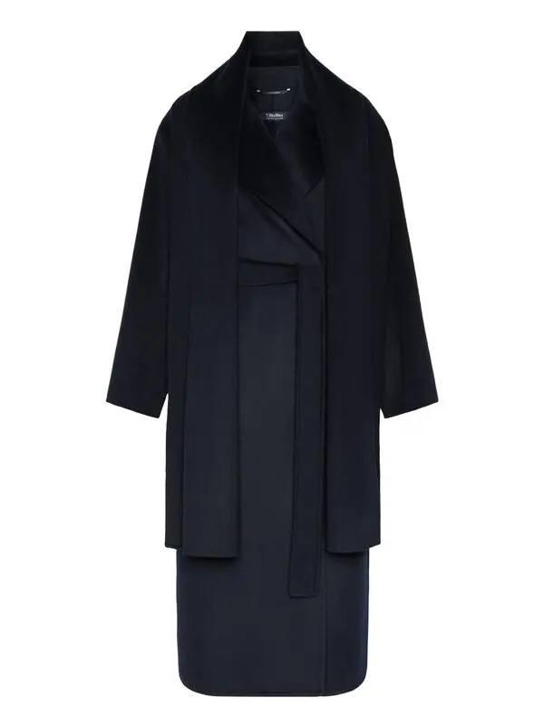 Max Mara Double Wool And Cashmere Robe Coat With Scarf - Midnightblue
