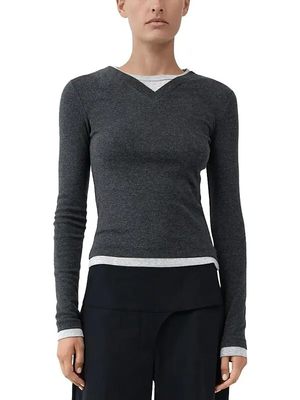ST. AGNI Cotton V Neck Long Sleeve Top - Charcoal