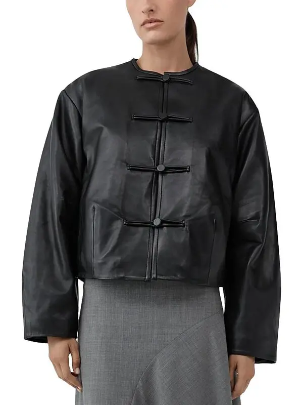 ST. AGNI Leather Button Front Cocoon Jacket - Black