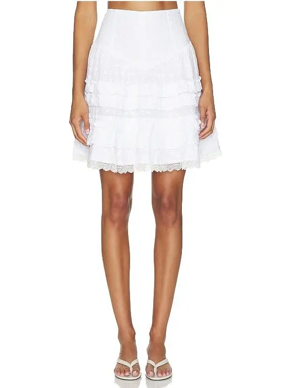 GANNI Broderie Anglaise Mini Tiered Frill Skirt In White - Bright White