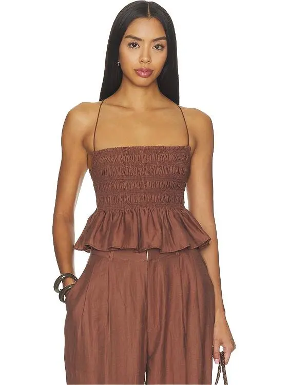MOTHER OF ALL Taylor Top Shirred Linen Halterneck - Brown
