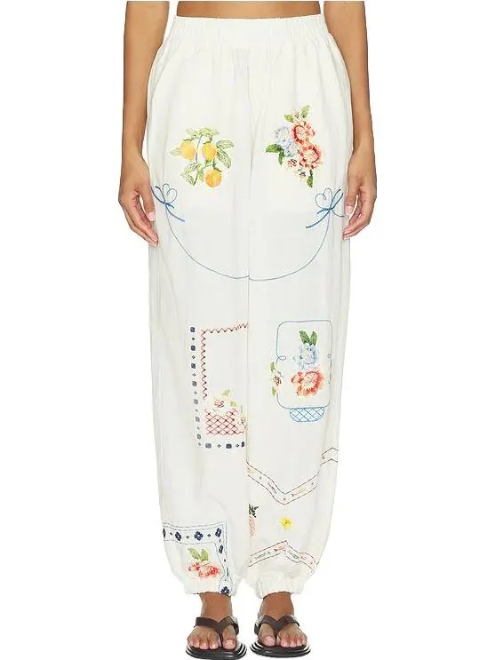 Agua Bendita Embroidered Linen Blend Basket Pant - Multicolor