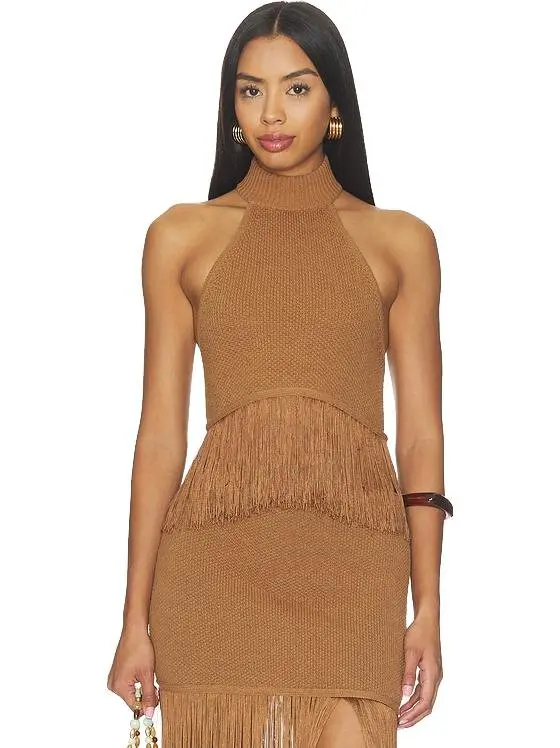LOVERS AND FRIENDS Chrissa Halter Fringe Crop Top - Brown