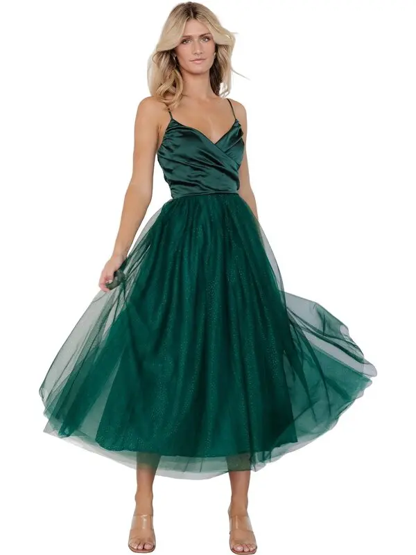 FLYING TOMATO Sparkle Tulle Midi Dress With Satin Bodice - Emerald