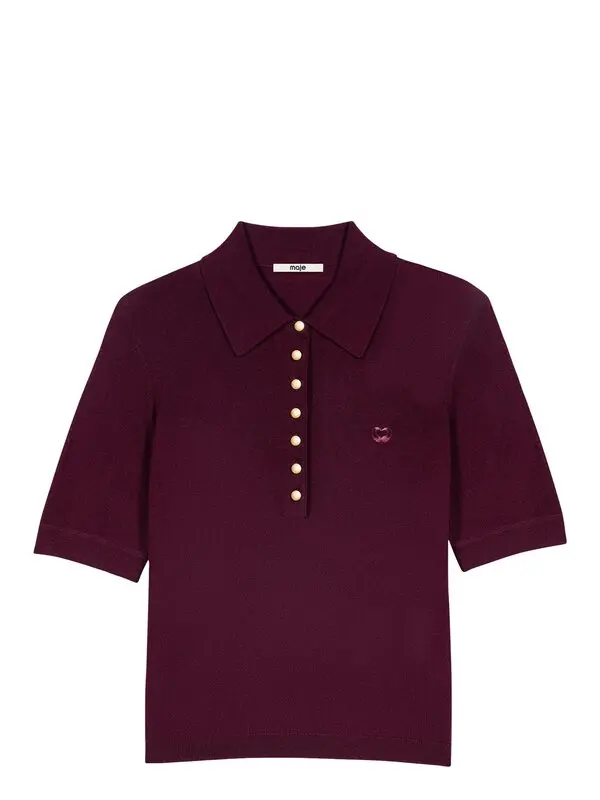 Maje Wool Polo Sweater With Buttoned Placket And Ribbed Finishes - Purple
