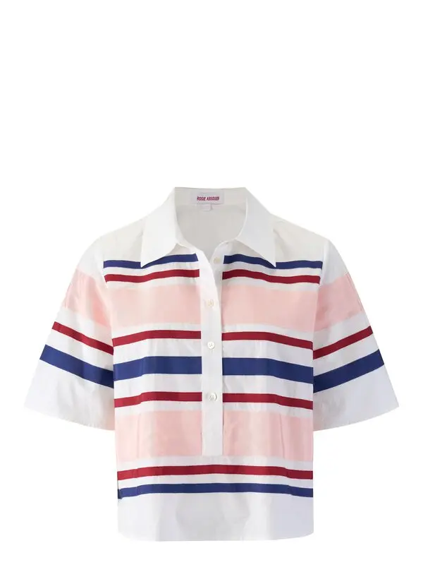 Rosie Assoulin Cotton Poplin Rugby Top With Embroidered Stripes - White Multi