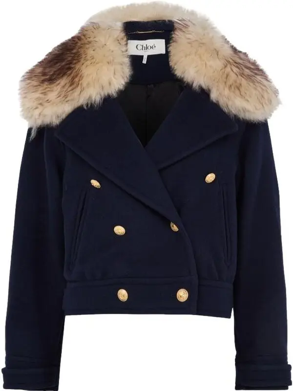 Chloé Double-breasted Fur-trimmed Coat - Black