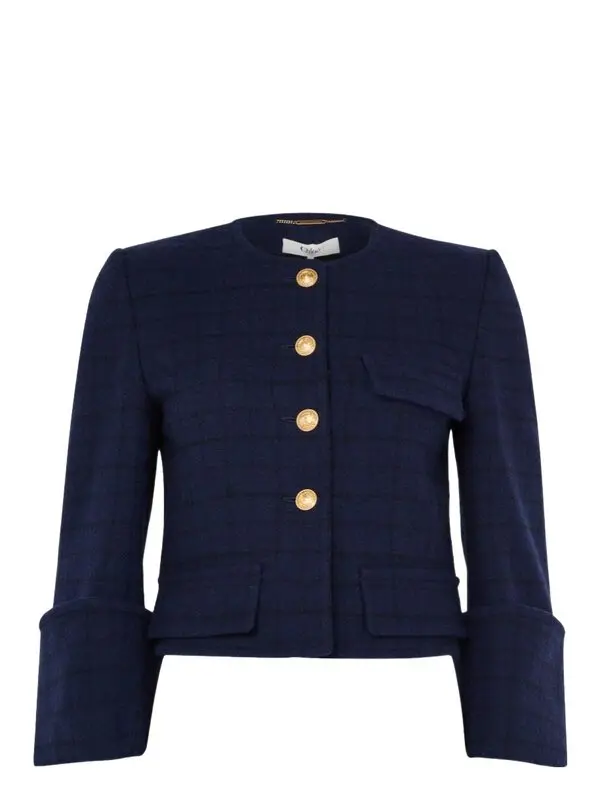 Chloé Navy Checkered Button-up Cropped Jacket - Black