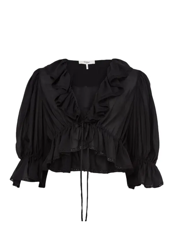 Chloé Long-sleeved Ruffled V-neck Blouse - Black