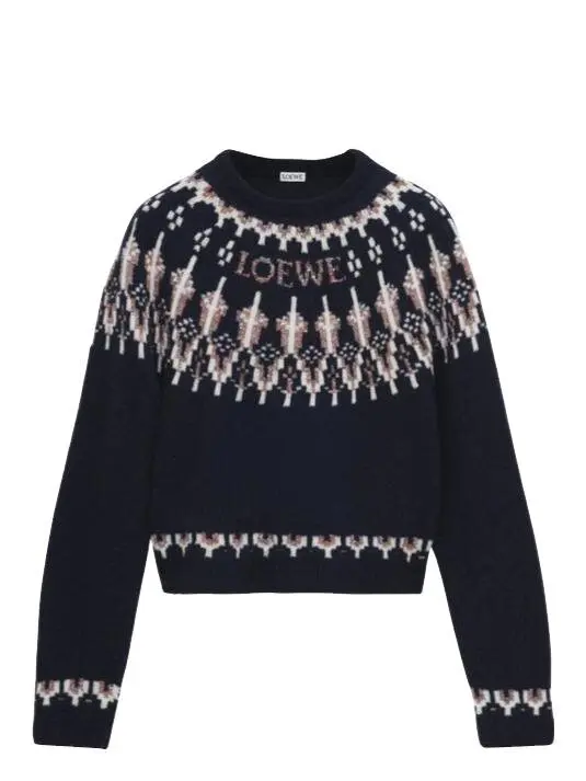 Loewe Round Neck Geometric Print Wool Blend Sweater - Black