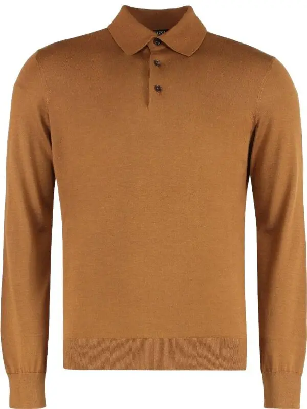 Zegna Long Sleeved Knitted Polo Shirt - Brown