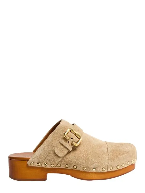 Chloé Suede Block Heel Round Toe Mules With Gold Finish Buckle - Nude
