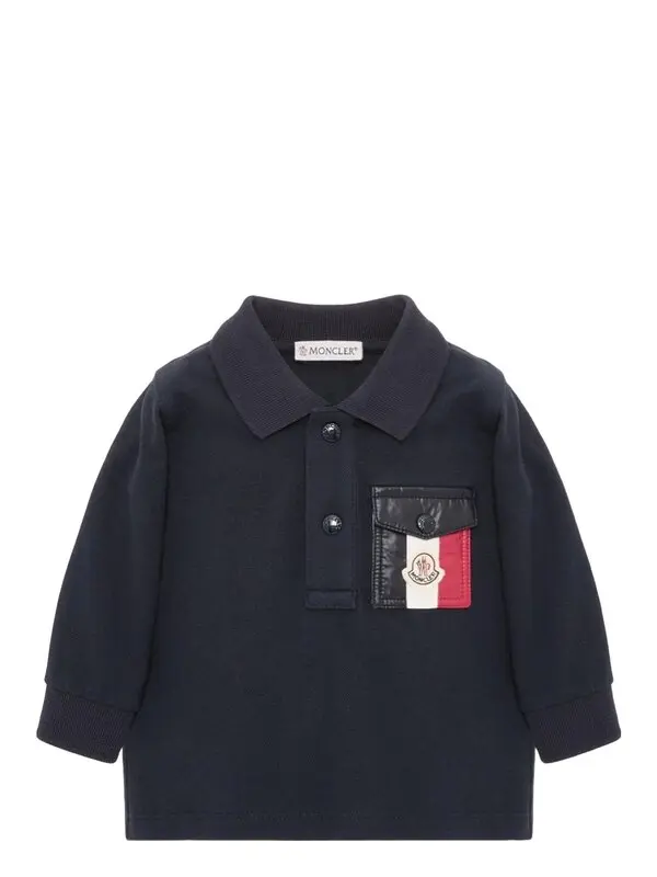 Moncler Tricolor Long Sleeve Cotton Piquet Polo Shirt - Dark Blue