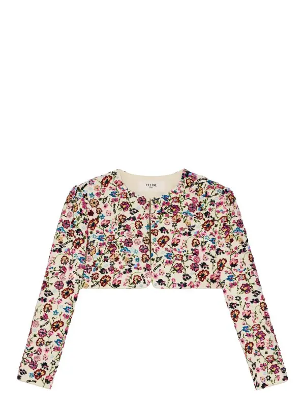 Celine Embroidered Bolero Jacket In Diagonal Wool - Off White