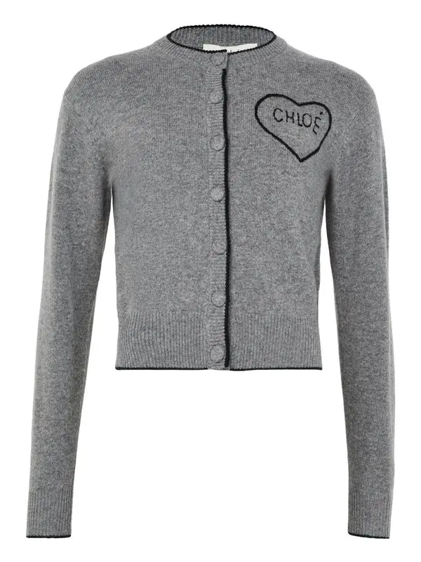 Chloé Ribbed Cropped Cardigan With Heart Logo - Gray