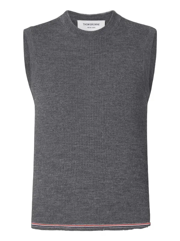 Thom Browne Sleeveless Ribbed Crewneck Top With Rwb Tipping - Medium Gray