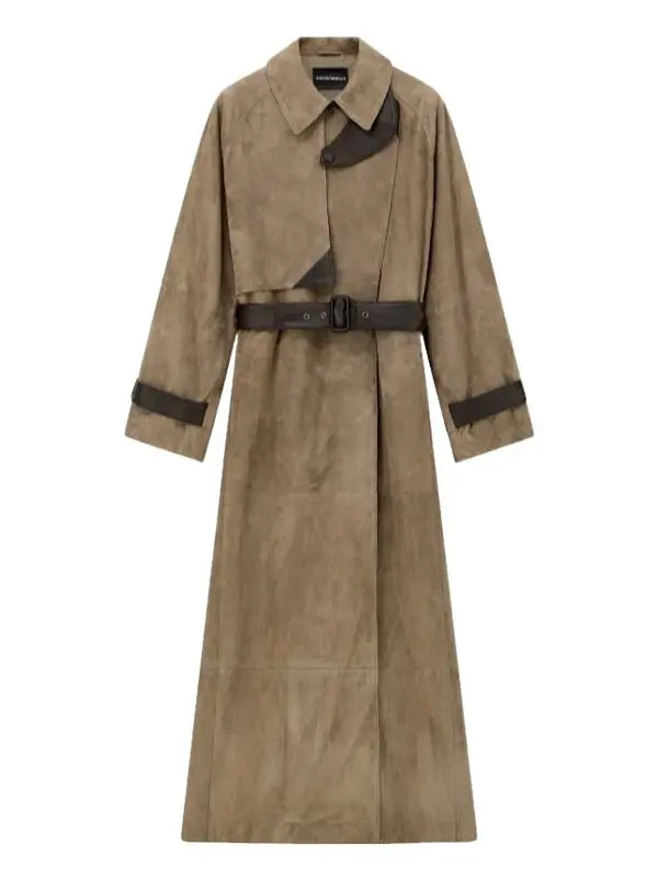 Emporio Armani Belted Suede Trench Coat - Beige