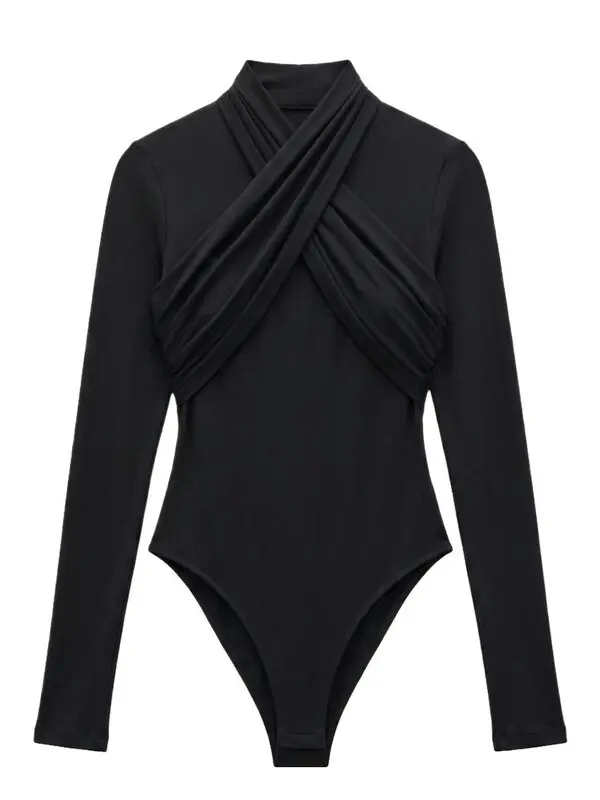 Wardrobe.NYC Ruched Crossover Bodysuit - Black