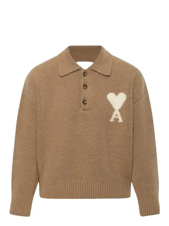 AMI Paris De Coeur Knitted Polo Shirt - Brown