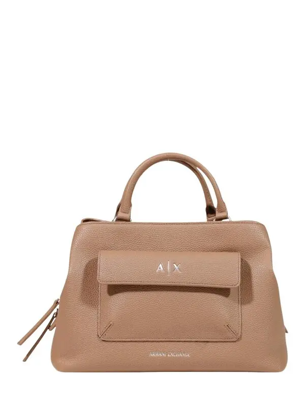 Armani Exchange Textured Handbag With Structured Top Handle And Flap Pocket - Brown