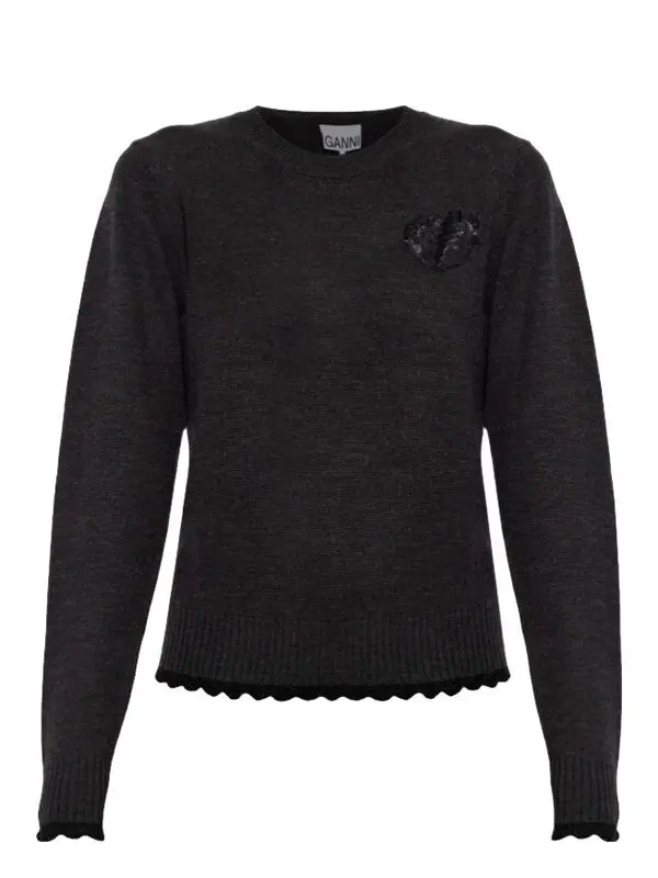 GANNI Long-sleeved Sweater With Ribbed Neckline - Grey