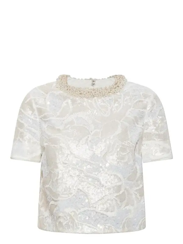 SELF-PORTRAIT Sequin Lace Top With Embellished Neckline - White