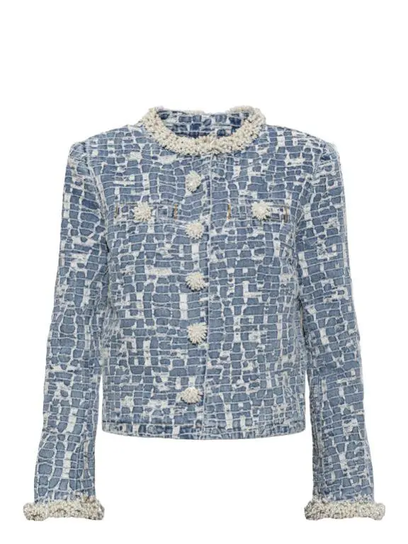 SELF-PORTRAIT Textured Denim Jacket With Pearl Embellishments - Blue