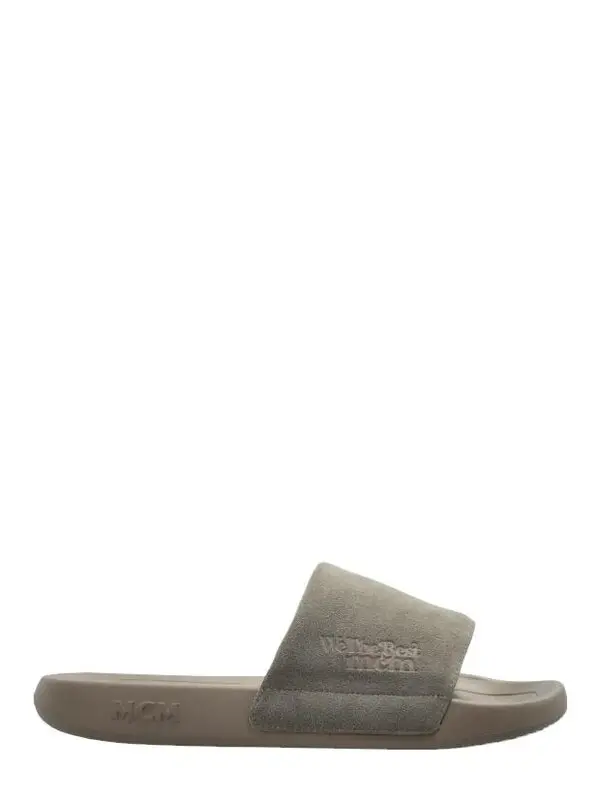 Mcm Ultrasuede Slides With Embossed Logos - Beige