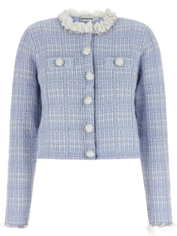 SELF-PORTRAIT Check Cropped Knitted Jacket - Blue