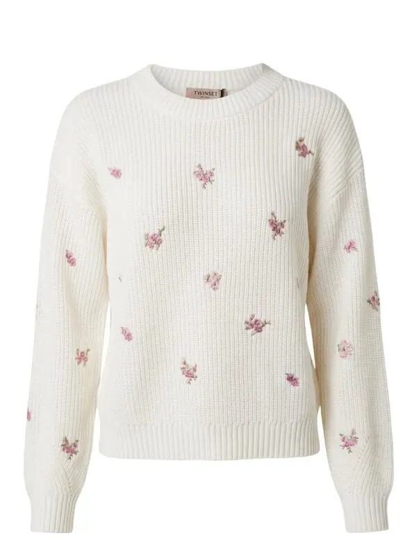 TWINSET Ribbed Knit Sweater With Embroidered Details - White