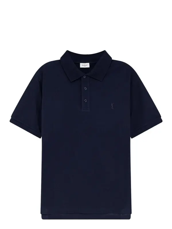 Saint Laurent Piqué Cotton Polo Shirt With Cassandre Embroidery - Blue