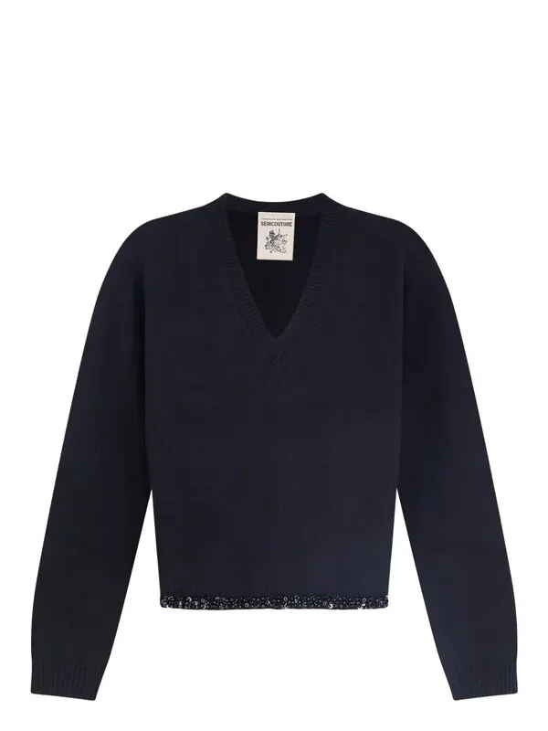 SEMICOUTURE Virgin Wool And Cashmere V-neck Sweater With Pearl And Sequin Embellishment - Black