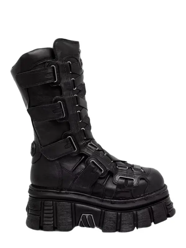 NEW ROCK Buckle-strap Platform Boots - Black