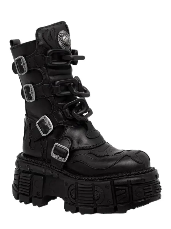 NEW ROCK Metallic Buckle-fastening Platform Boots - Black