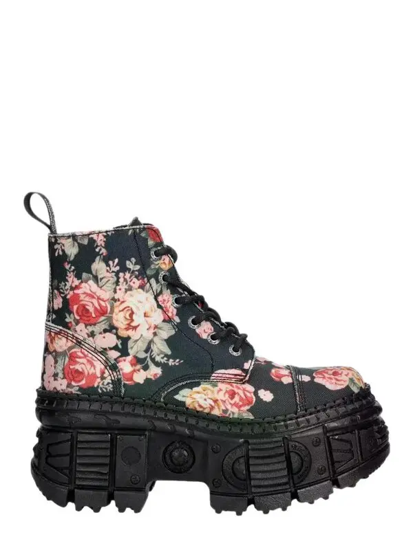 NEW ROCK Floral-print Platform Ankle Boots - Black
