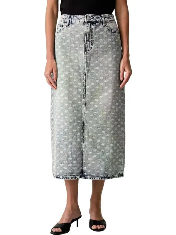 Armani Exchange Monogram Print Acid Wash Denim Midi Skirt - Blue