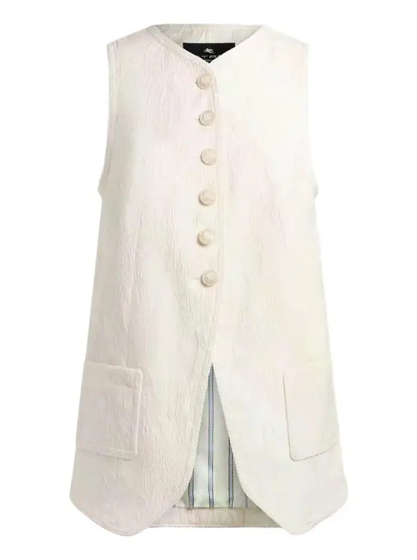 Etro Waistcoat In Stretch Cotton-blend Jacquard With Rebrodé Lace - Neutrals