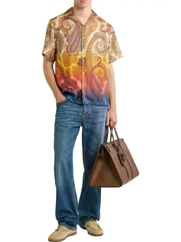 Etro Silk Bowling Shirt With Placed Degradé Paisley Print - Neutrals