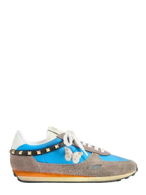 Valentino Garavani Stud Up Sneakers In Split Leather And Nylon With Butterfly Embroidery - Blue