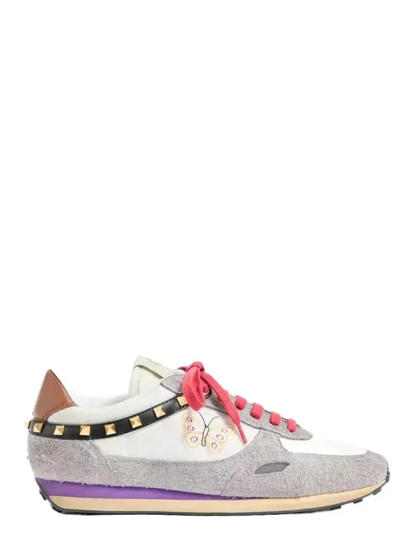 Valentino Garavani Stud Up Sneakers In Split Leather And Nylon With Butterfly Embroidery - White