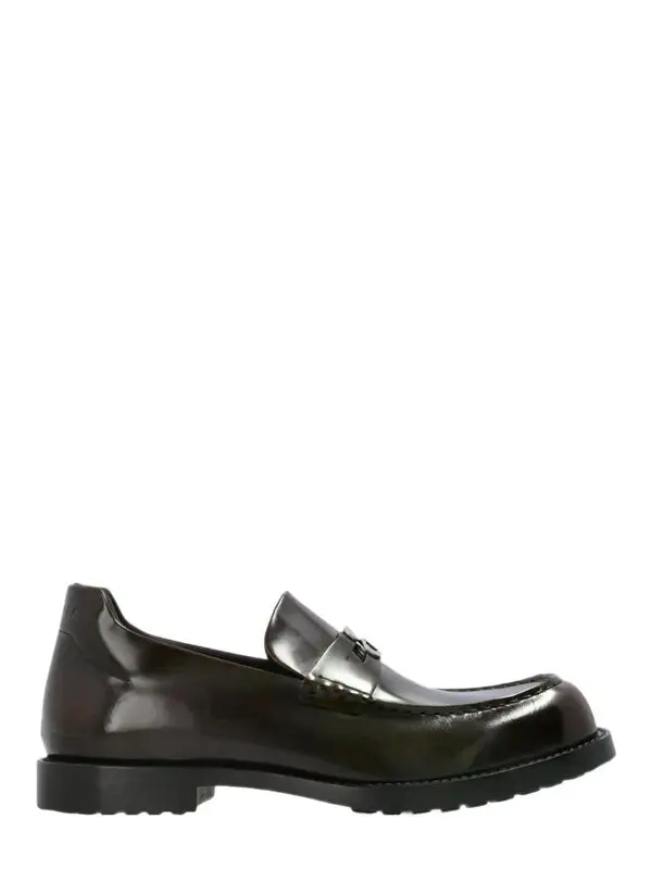 Balenciaga Square Toe Calfskin Loafers With Metallic Logo - Brown